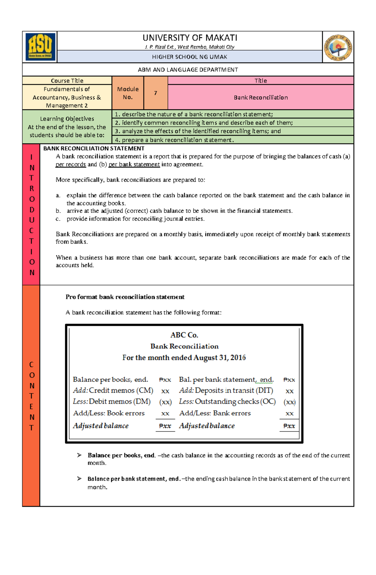 FABM2 Module 7 Bank Reconciliation - UNIVERSITY OF MAKATI J. P. Rizal ...