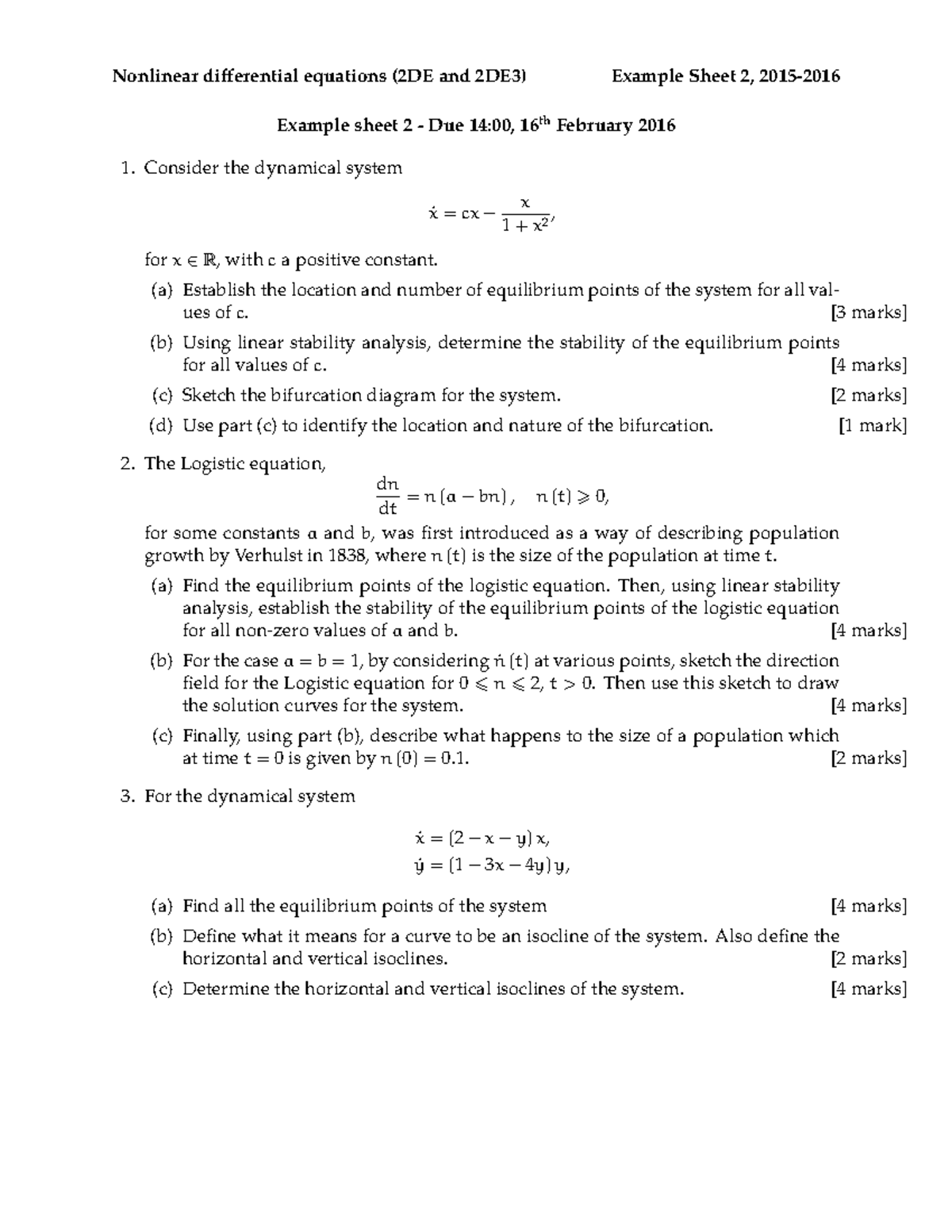 Example Sheet 02a - Nonlinear differential equations (2DE and 2DE3 ...