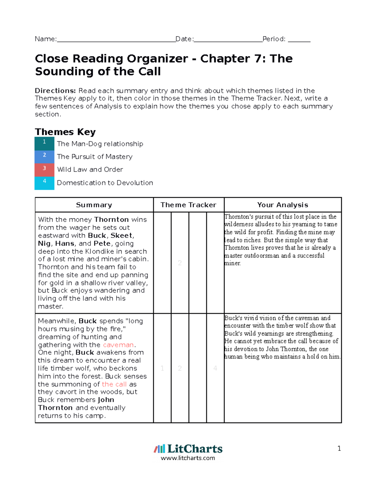 call of the wild - Close Reading Organizer - Chapter 7: The Sounding of ...