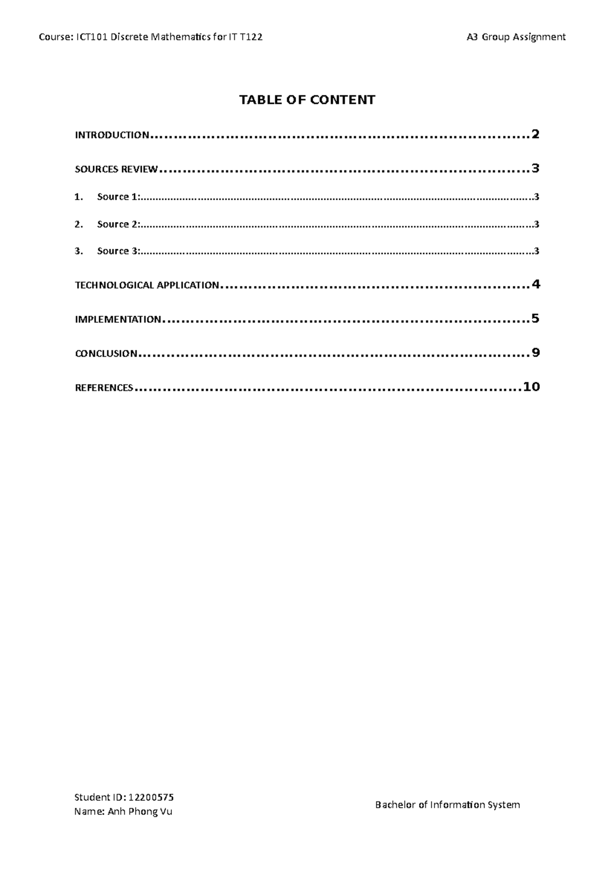 A3 Group Assignment - Course: ICT101 Discrete Mathematics for IT T122 ...