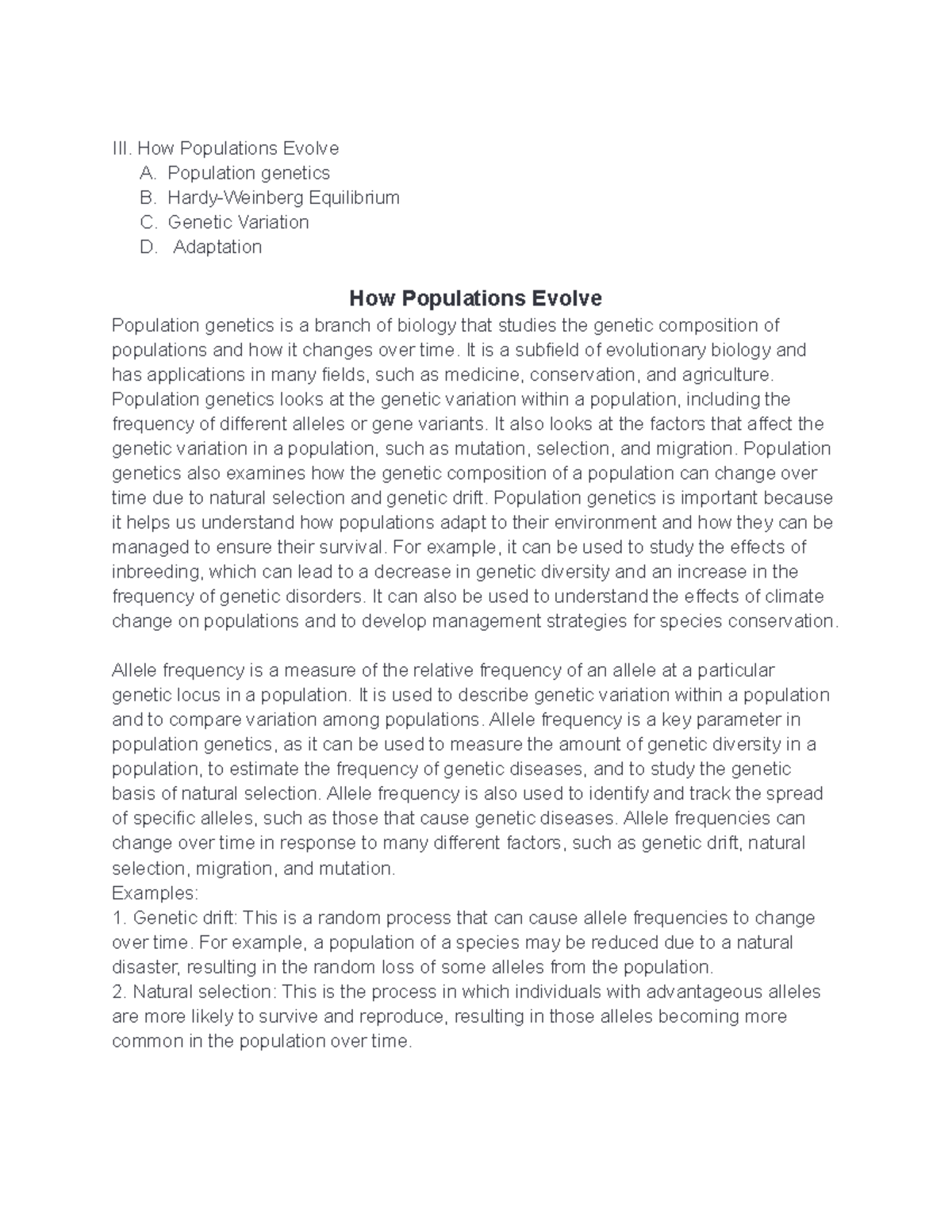 Evolution of Populations and Population Genetics - III. How Populations ...