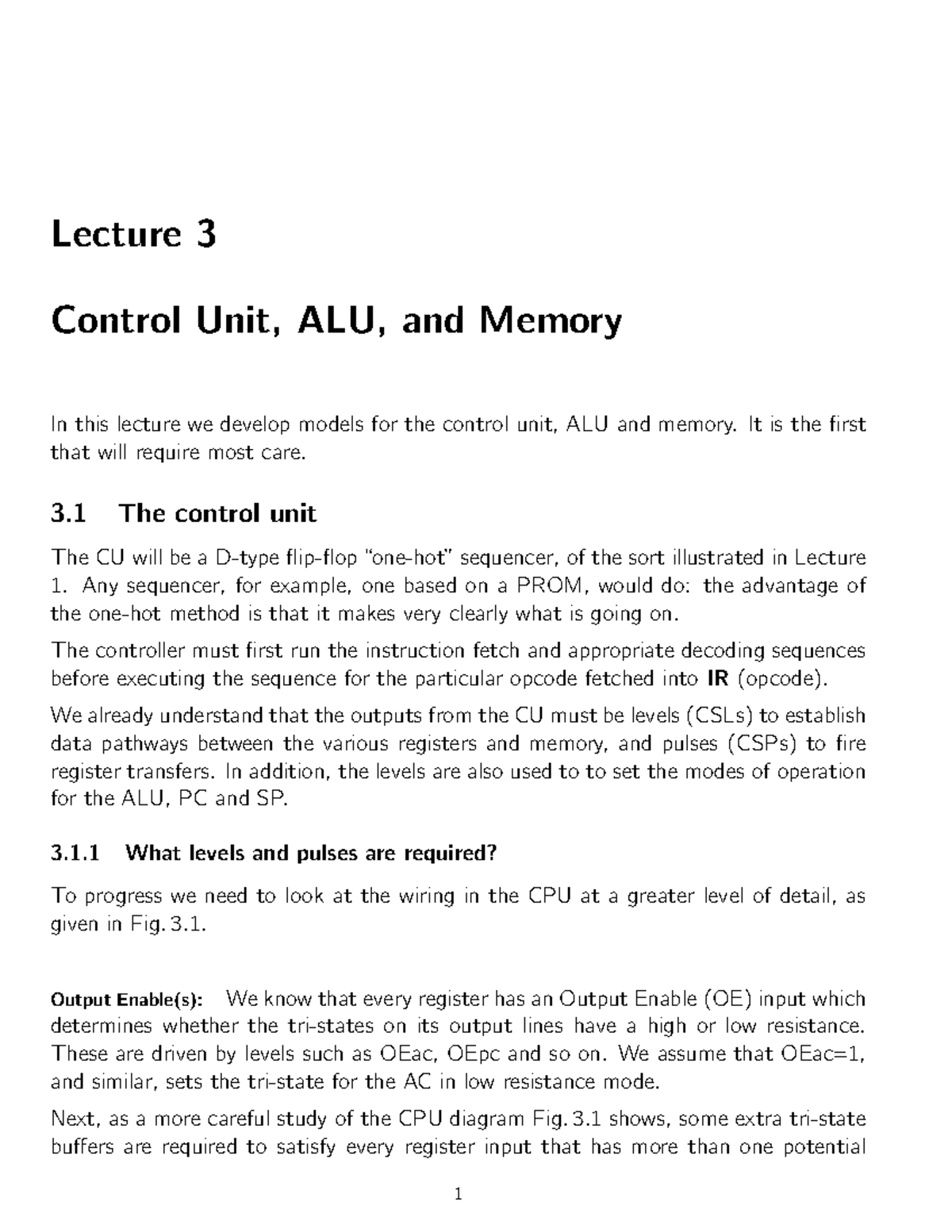 Lecture 3 - Control Unit, ALU, and Memory - Lecture 3 Control Unit, ALU ...