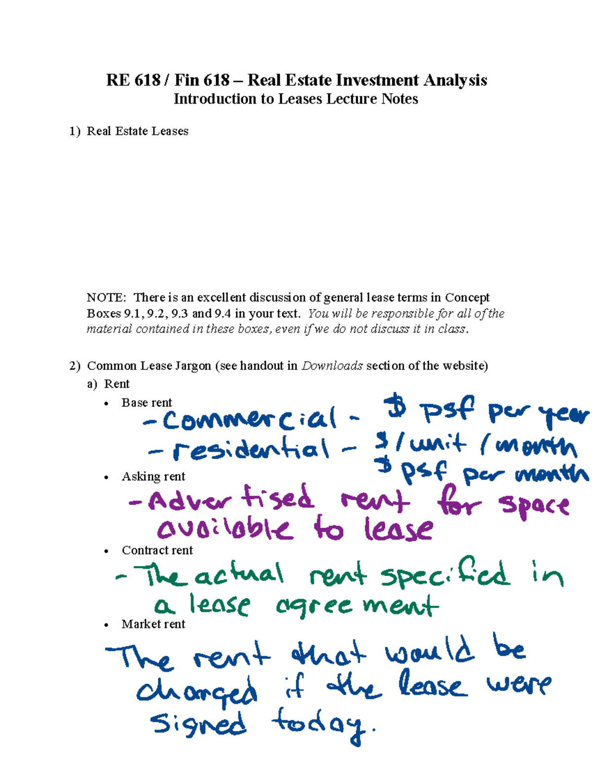 RE618 - Leases and Effective Rent - Class Notes - RE 618 / Fin 618 ...