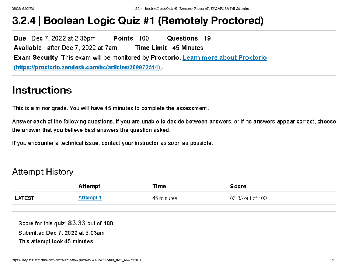 3 2 4 Boolean Logic Quiz 1 Remotely Proctored Jhs Apcsa Fall Schieffer 3 2 Boolean Logic