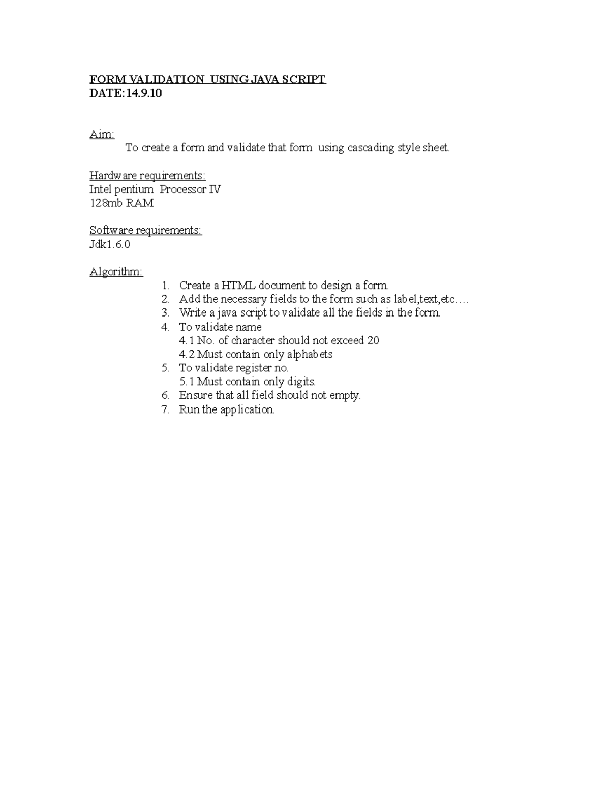 Coding Java9 Ip Lab Form Validation Using Java Script Date14 Aim To Create A Form And