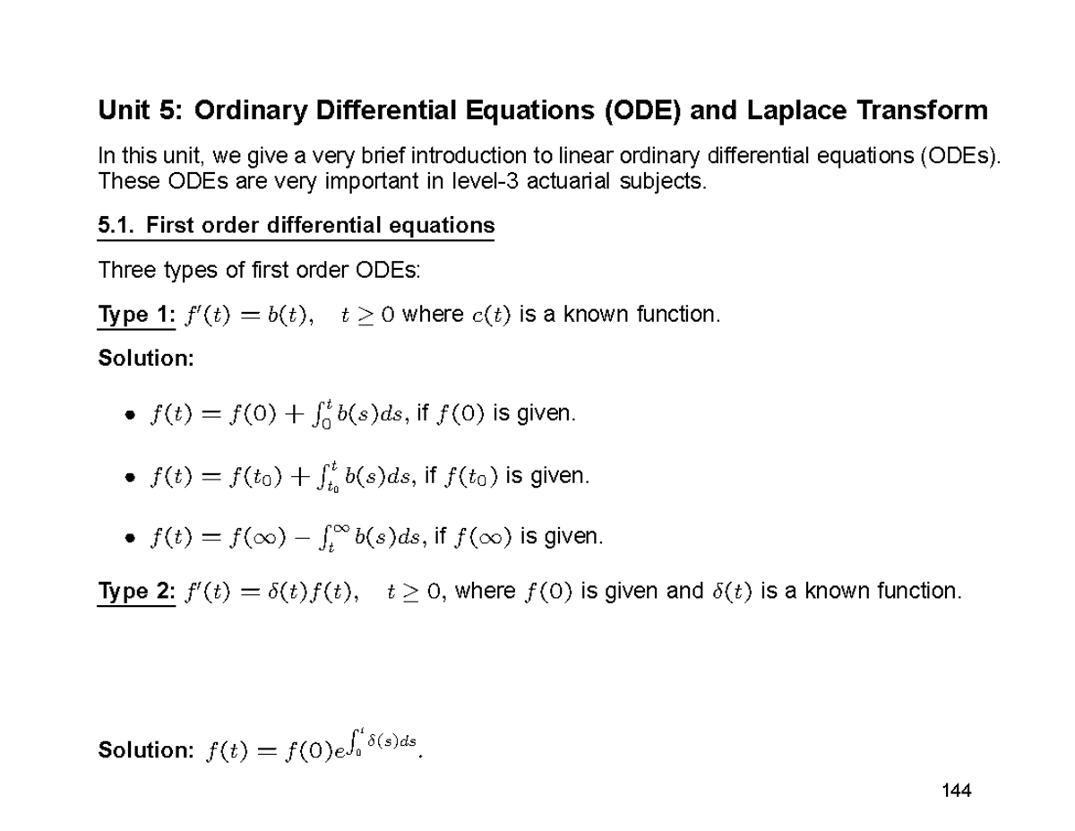 Unit5-ACTL2000 3-2022 - Unit 5: Ordinary Differential Equations (ODE) and Laplace Transform In ...
