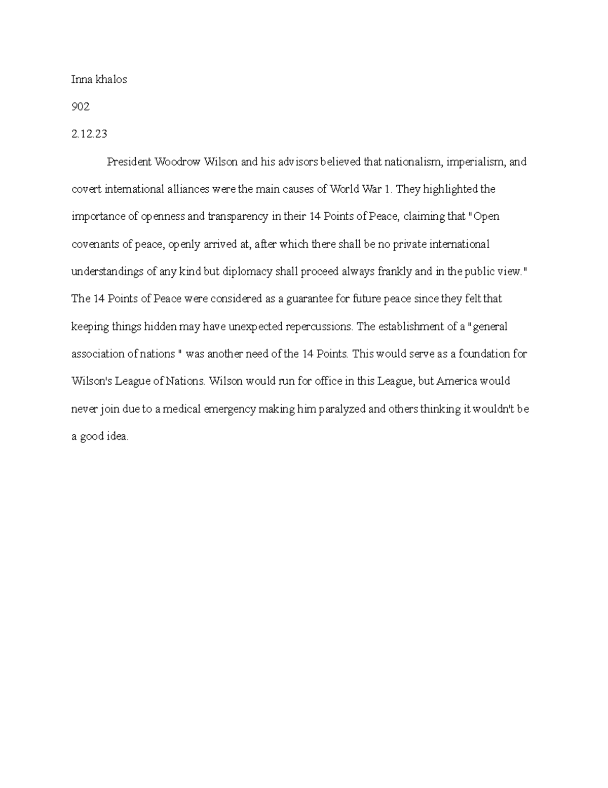 14 Points Homework - Inna khalos 902 2. President Woodrow Wilson and ...