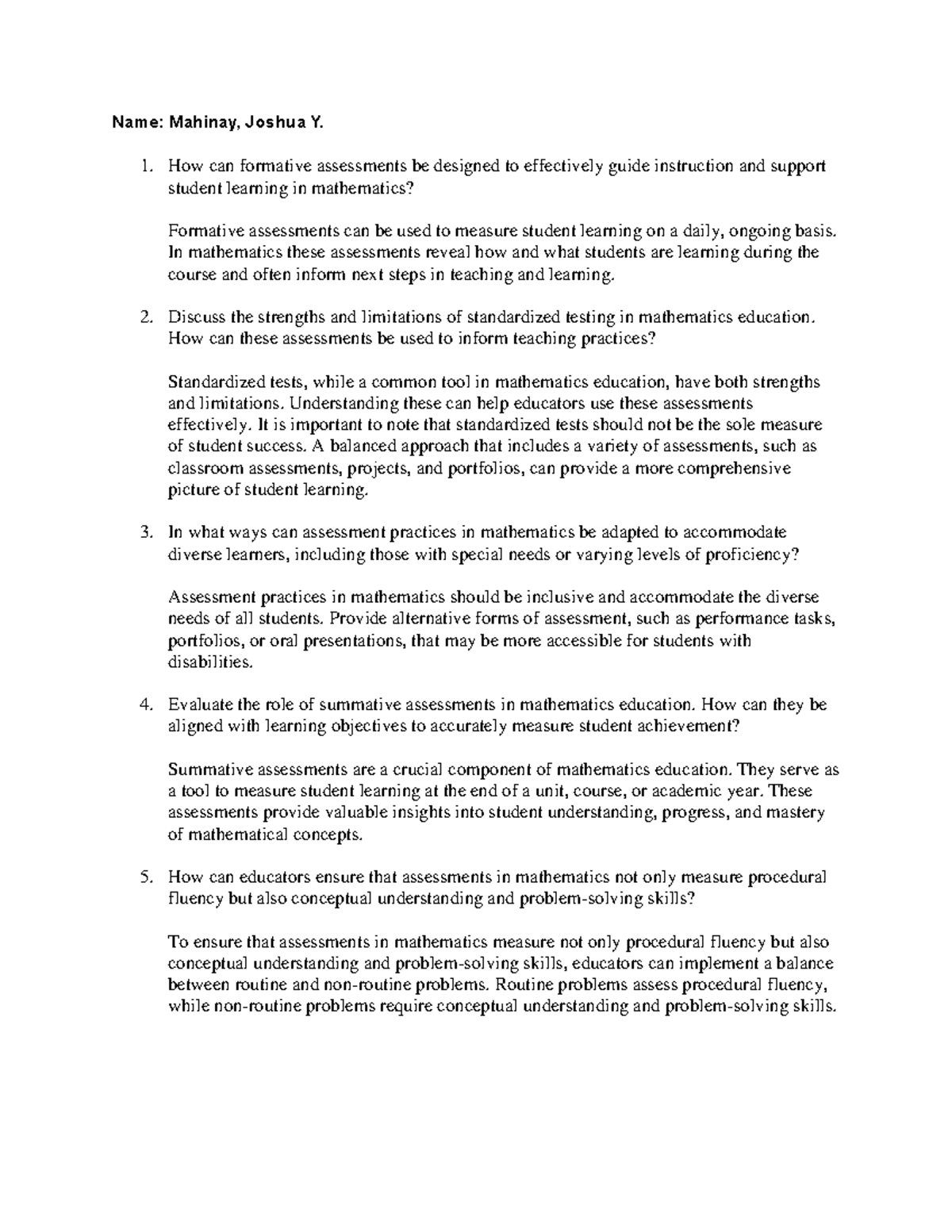 Assessment and Evaluation of Learning in Mathematics - Name: Mahinay ...