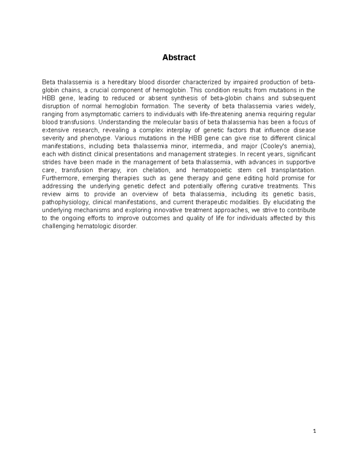 Abstract STS - Abstract Beta thalassemia is a hereditary blood disorder ...