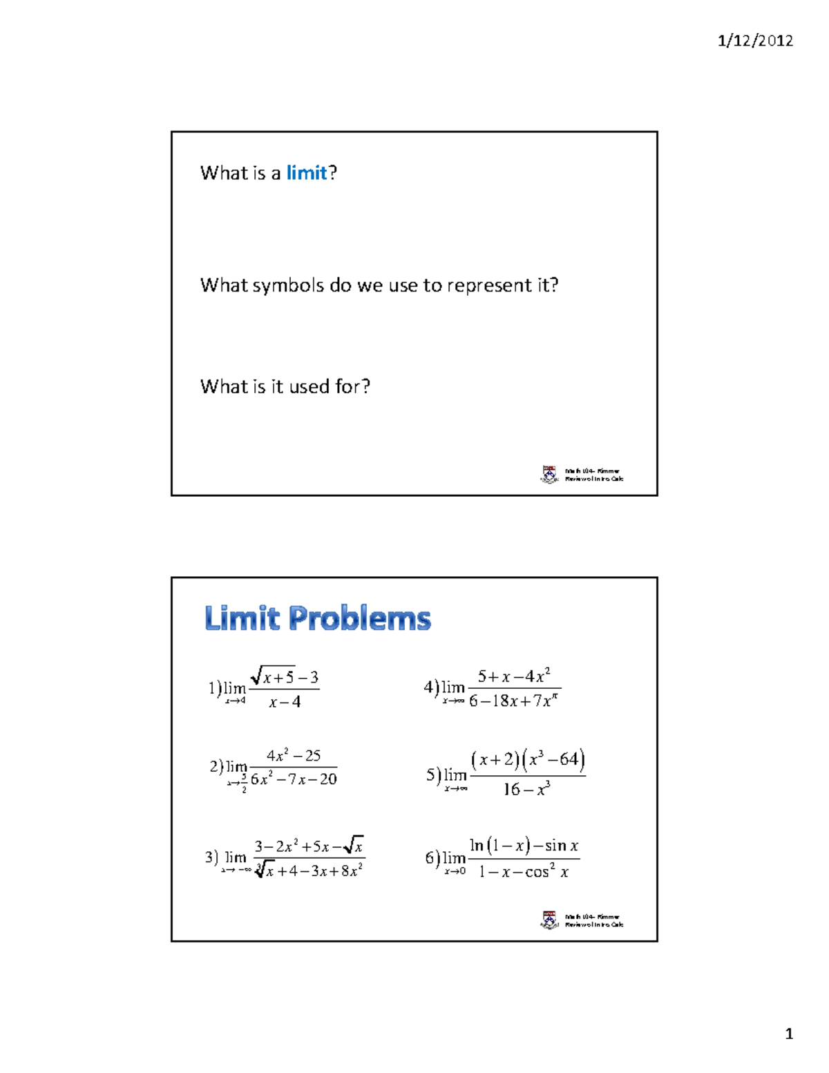 Seminar assignments - Notes with solution limit problems - Math 104 ...