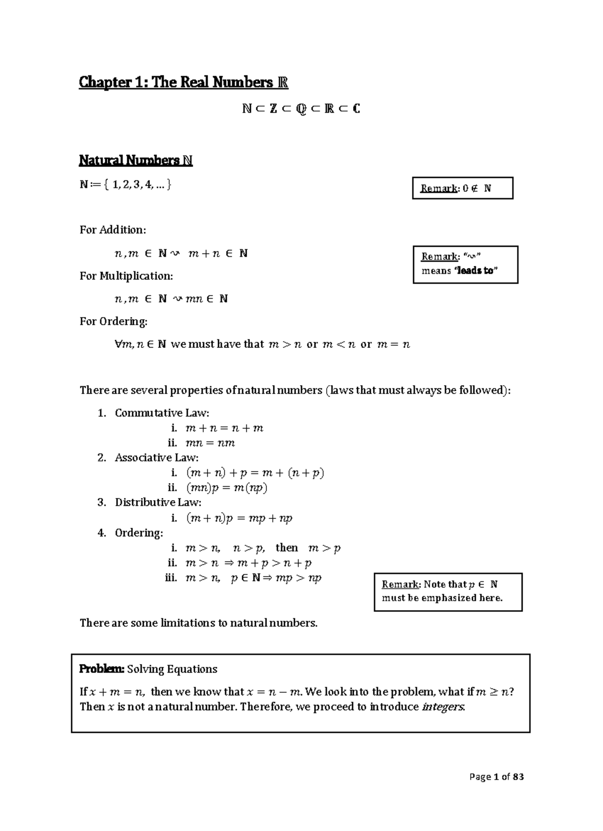 1101 Summary 2 - Chapter 1 : The Real Numbers ℝ ℕ ⊂ ℤ ⊂ ℚ ⊂ ℝ ⊂ ℂ ...