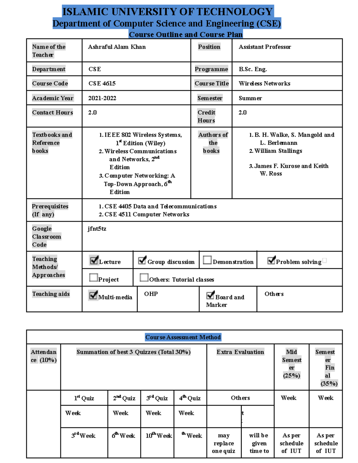 CSE 4615-OBE Course Outline 2022 AAK - ISLAMIC UNIVERSITY OF TECHNOLOGY ...