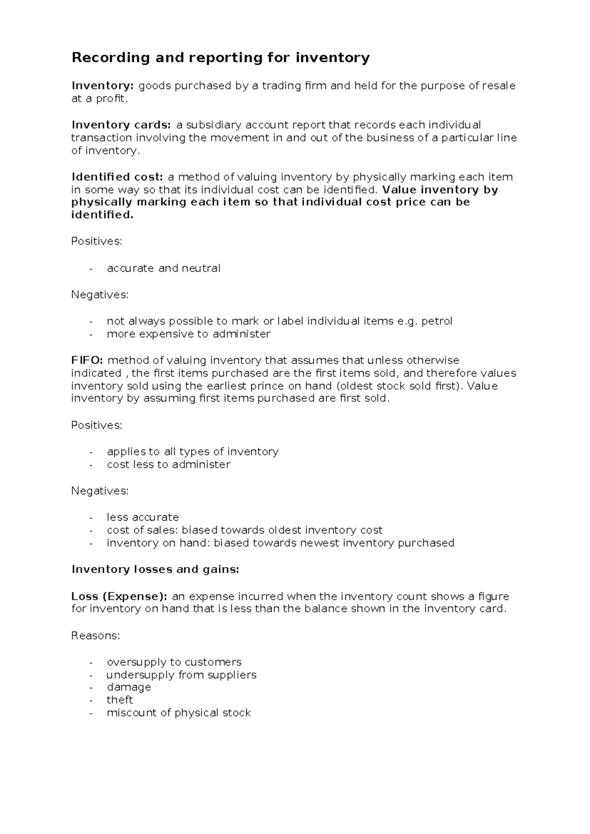 Acounting notes - Recording and reporting for inventory Inventory ...