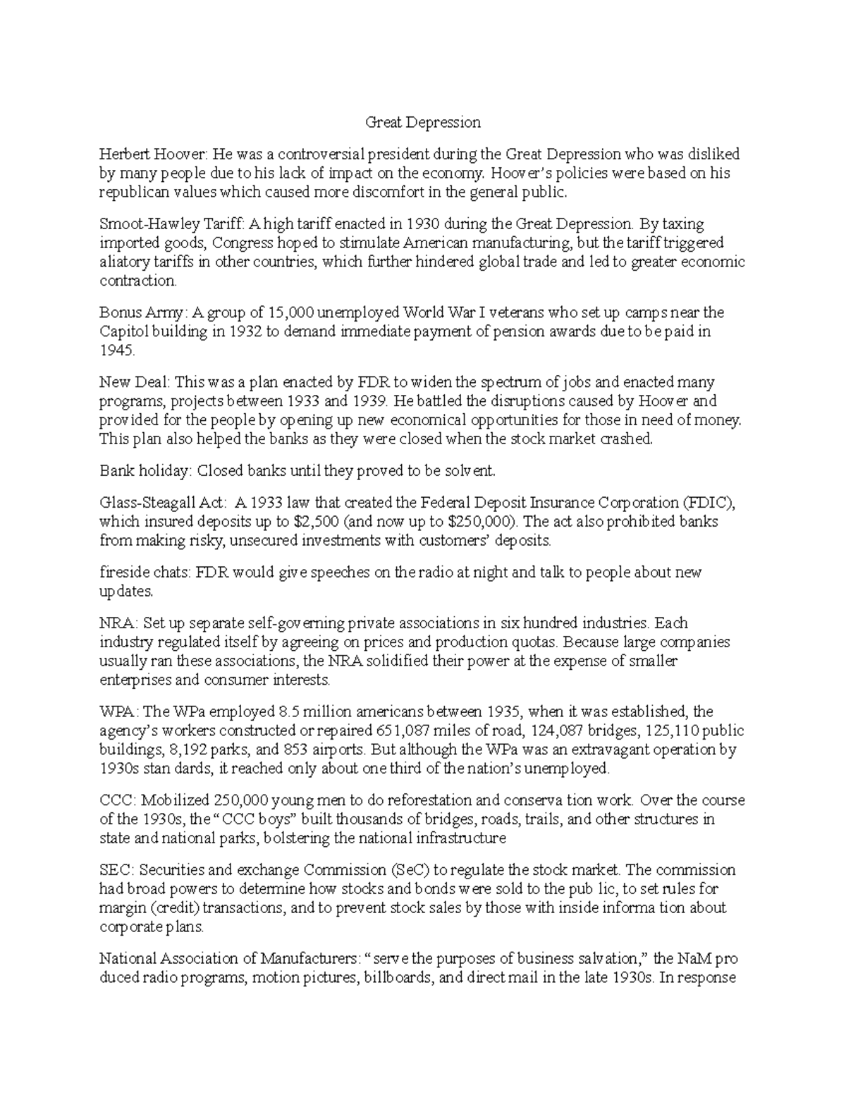 Great Depression Vocabulary - Great Depression Herbert Hoover: He was a ...