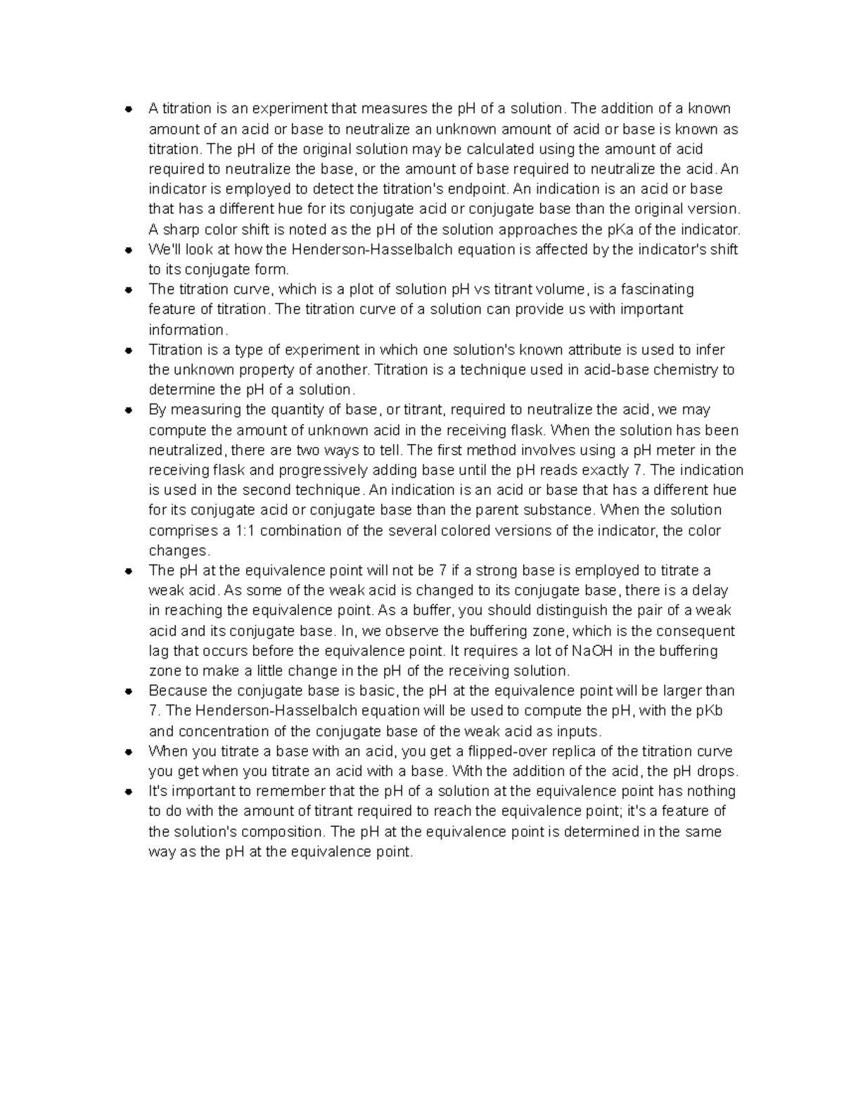 Titrations - notes - A titration is an experiment that measures the pH ...