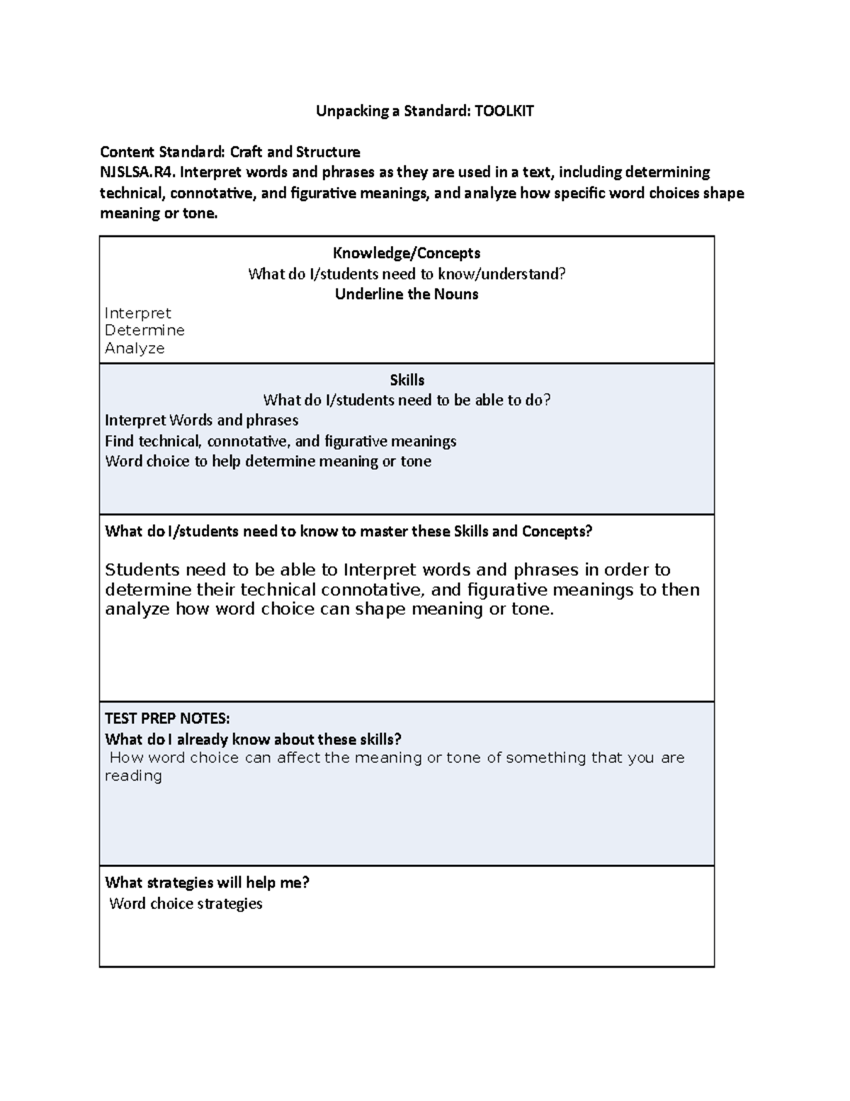 Standard R4 worksheet - Unpacking a Standard: TOOLKIT Content Standard ...