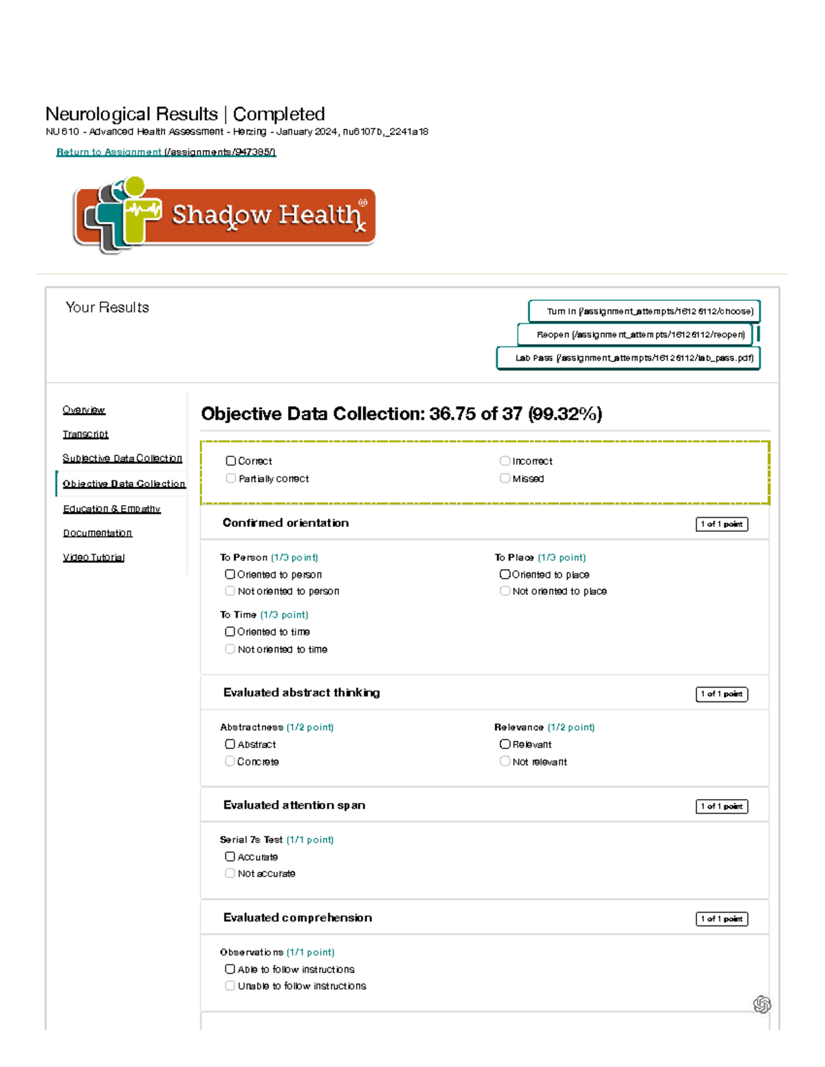 Tina Jones Neuro objective - Neurological Results | Completed NU 610 ...