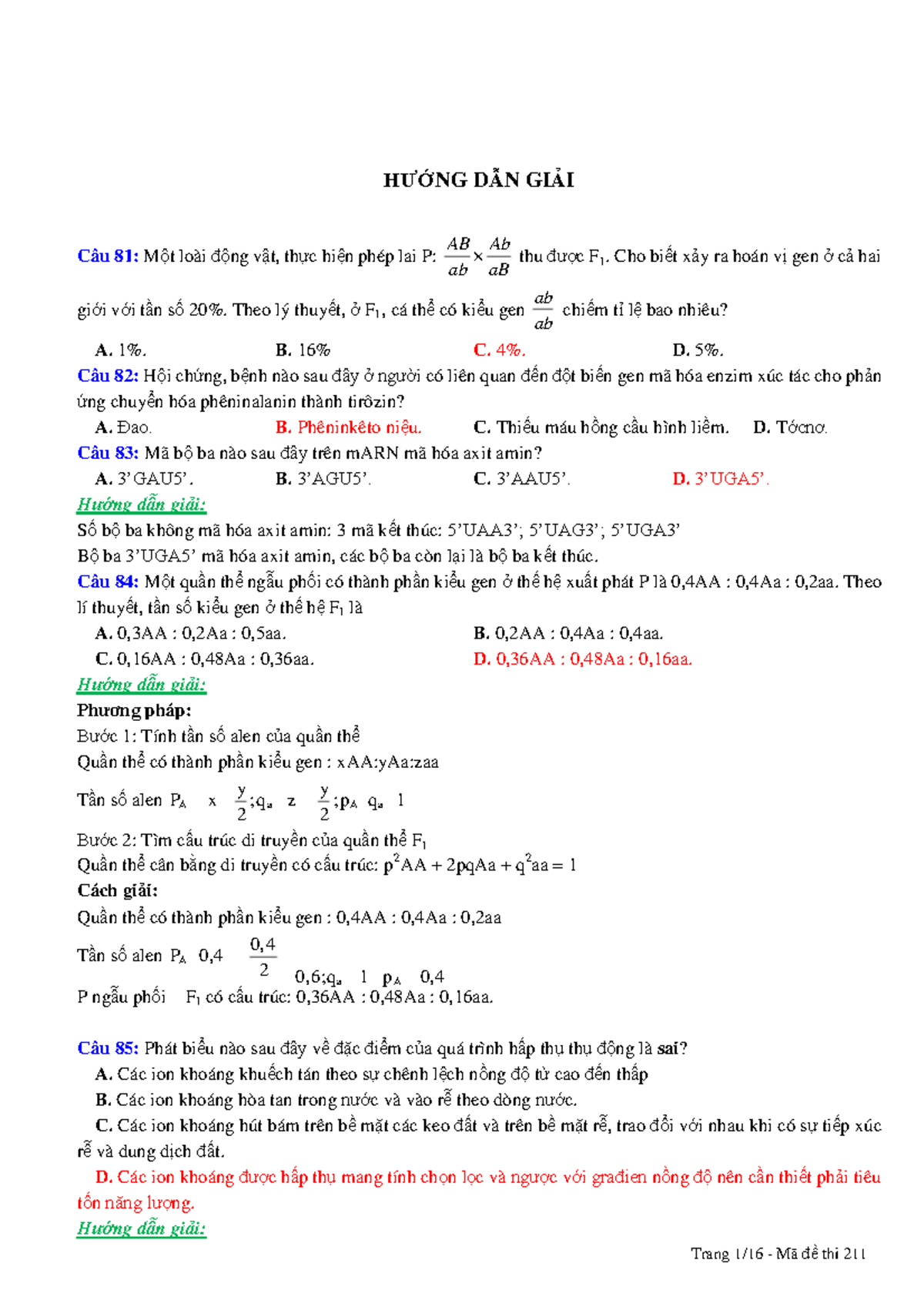 ĐỀ VỀ ĐÍCH 2023 đáp án - ljjl - HƯỚNG DẪN GIẢI AB Ab Câu 81: Một loài ...