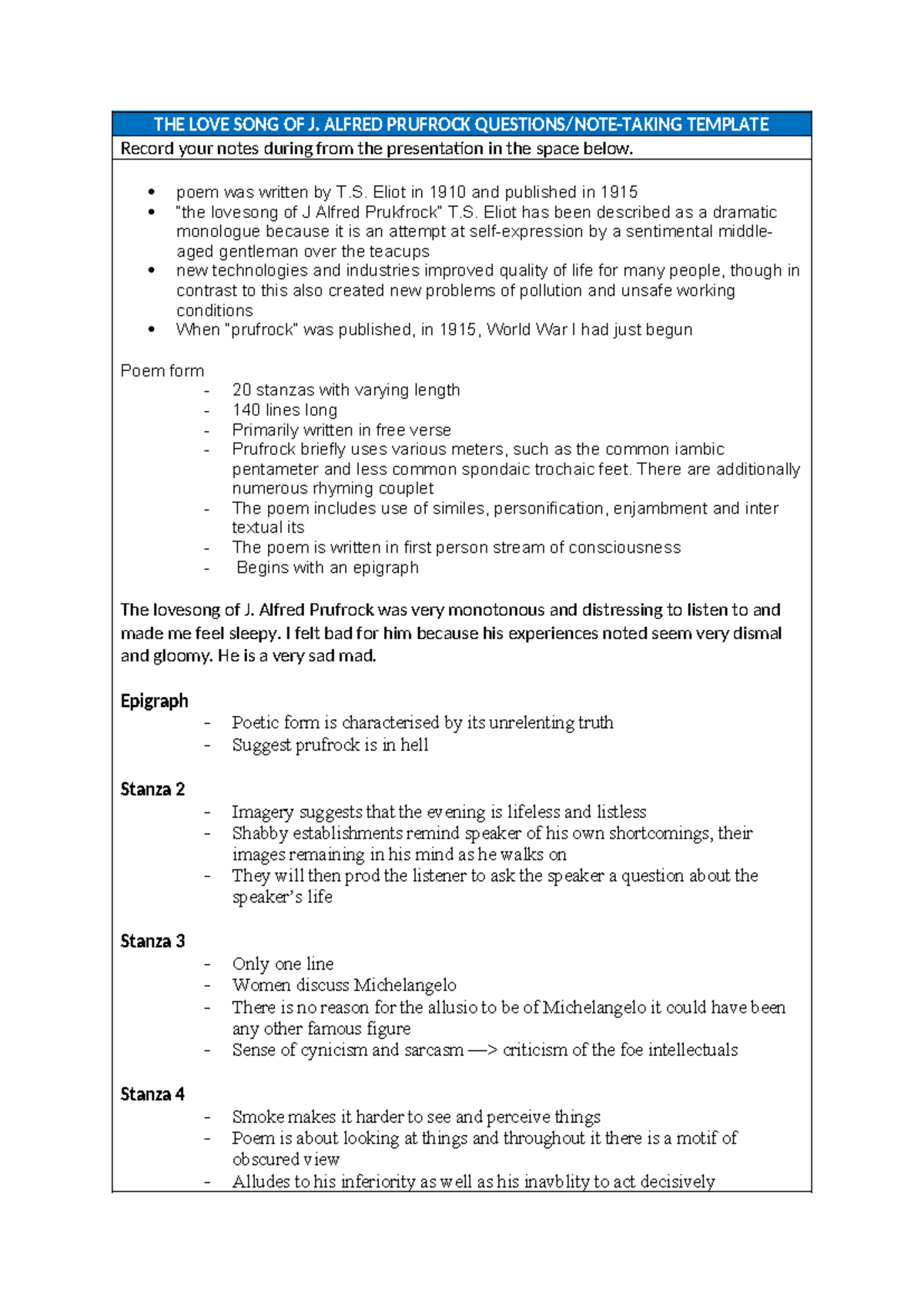 THE LOVE SONG OF J. Alfred Prufrock Questions AND NOTE- Taking Template ...