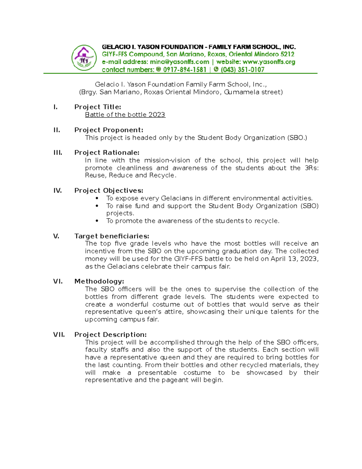 Project Proposal (RAWS) - Gelacio I. Yason Foundation Family Farm ...