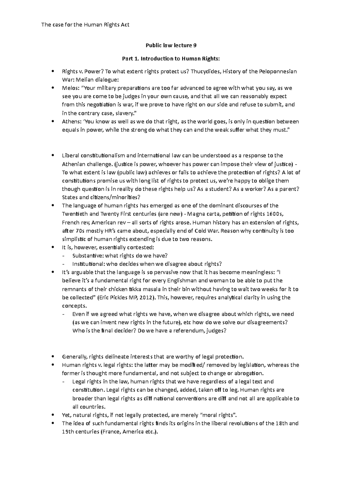 9 - case for HRA - Lecture notes 9 - Public law lecture 9 Part 1 ...