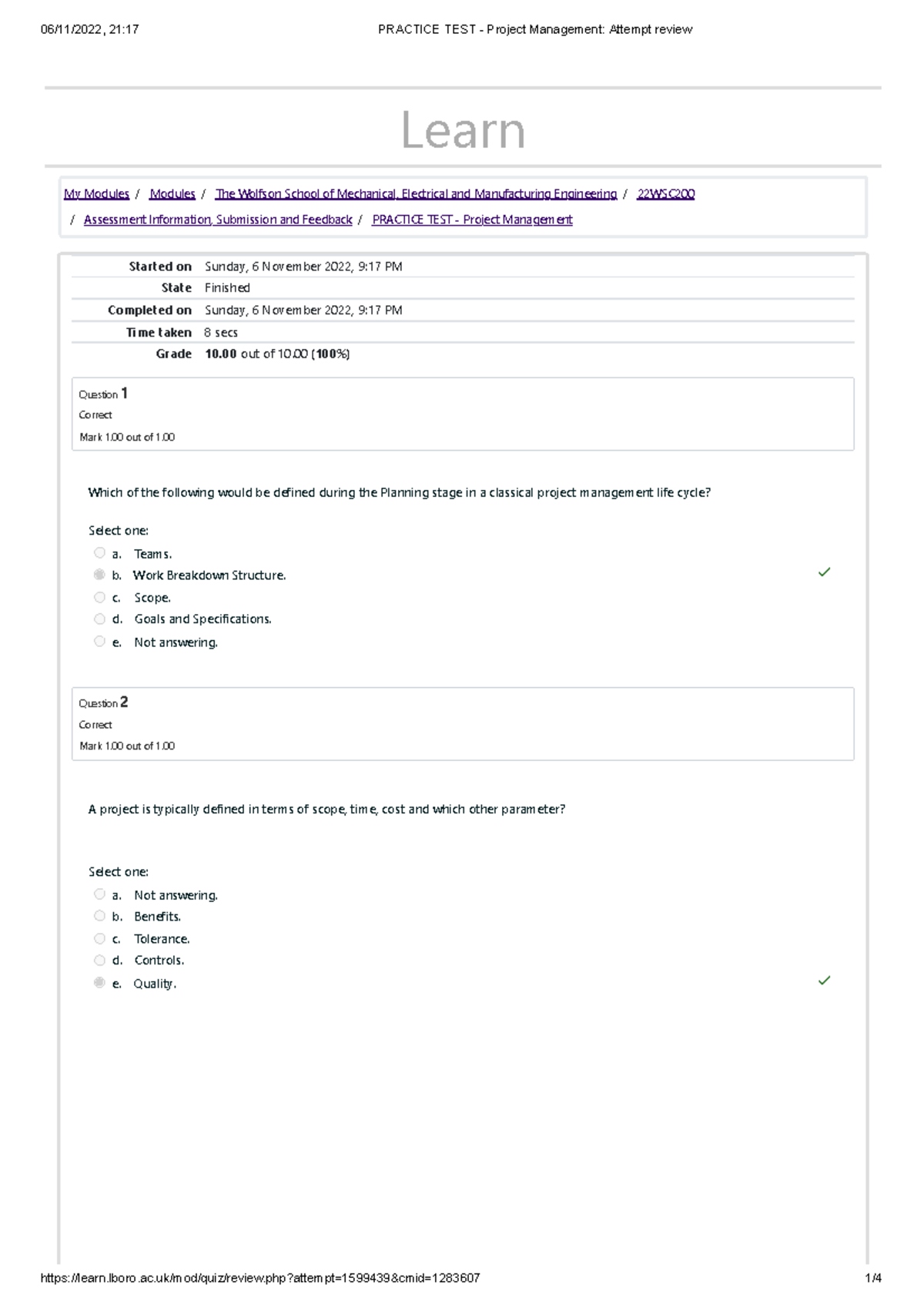 Practice TEST - Project Management Attempt review - Learn Started on ...