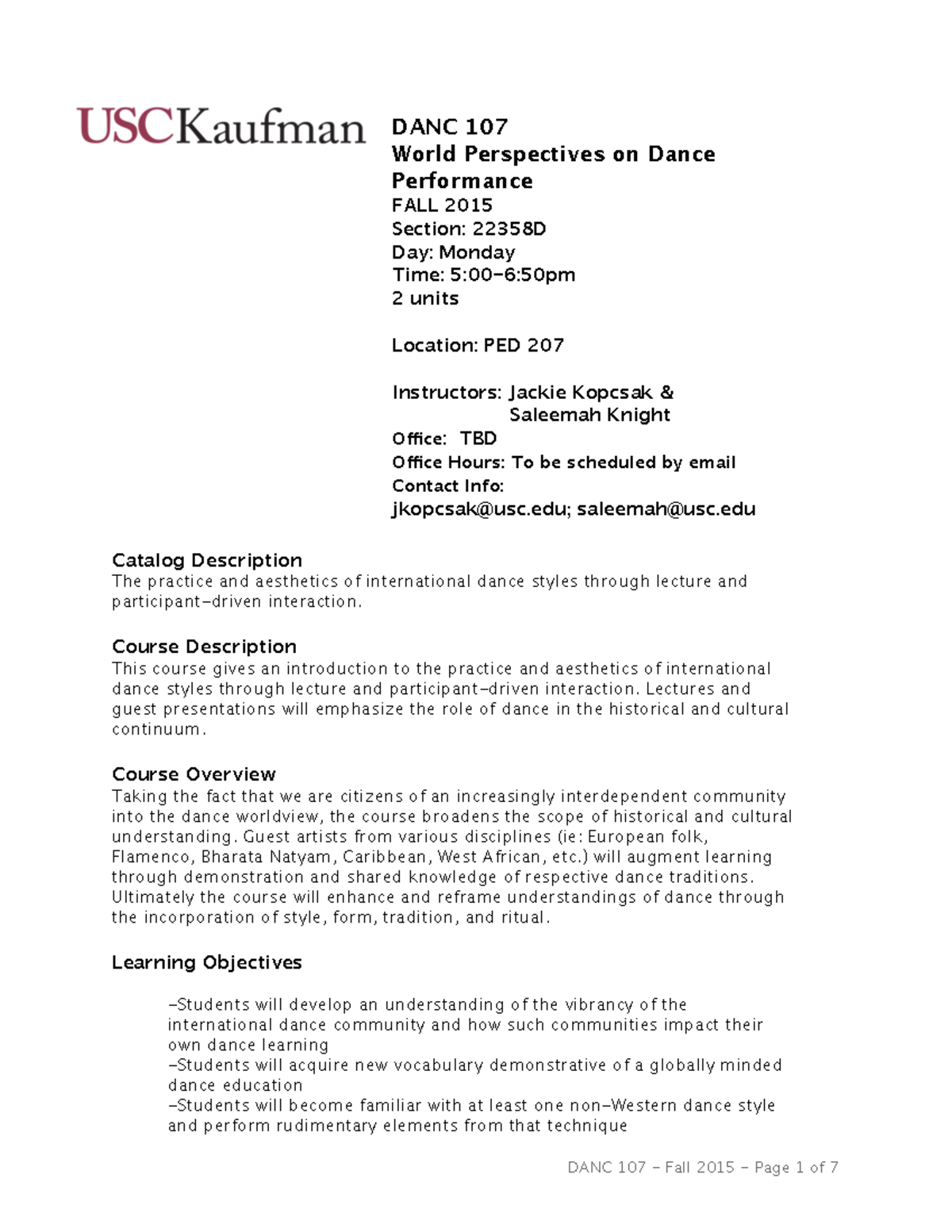 syllabus for dance - DANC 107 World Perspectives on Dance Performance ...