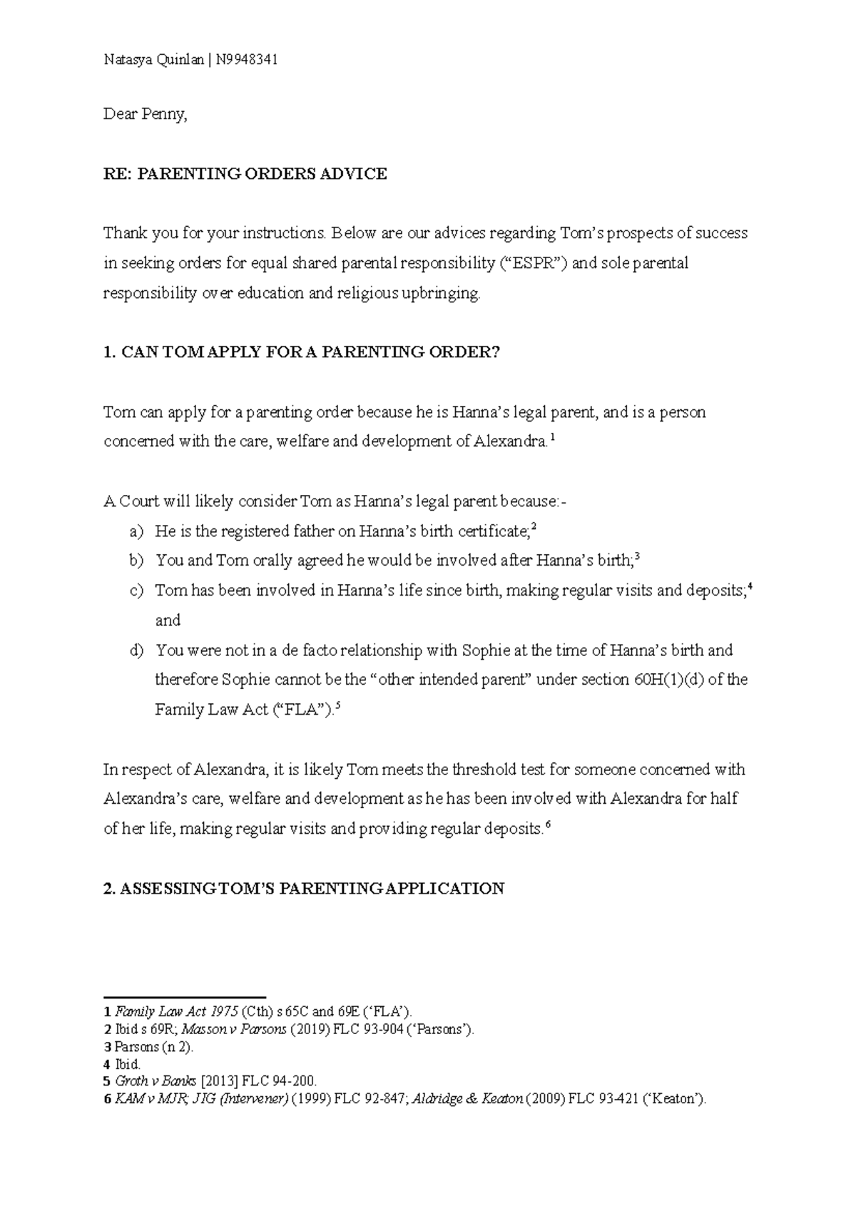 Memo of Advice Final - Dear Penny, RE: PARENTING ORDERS ADVICE Thank ...