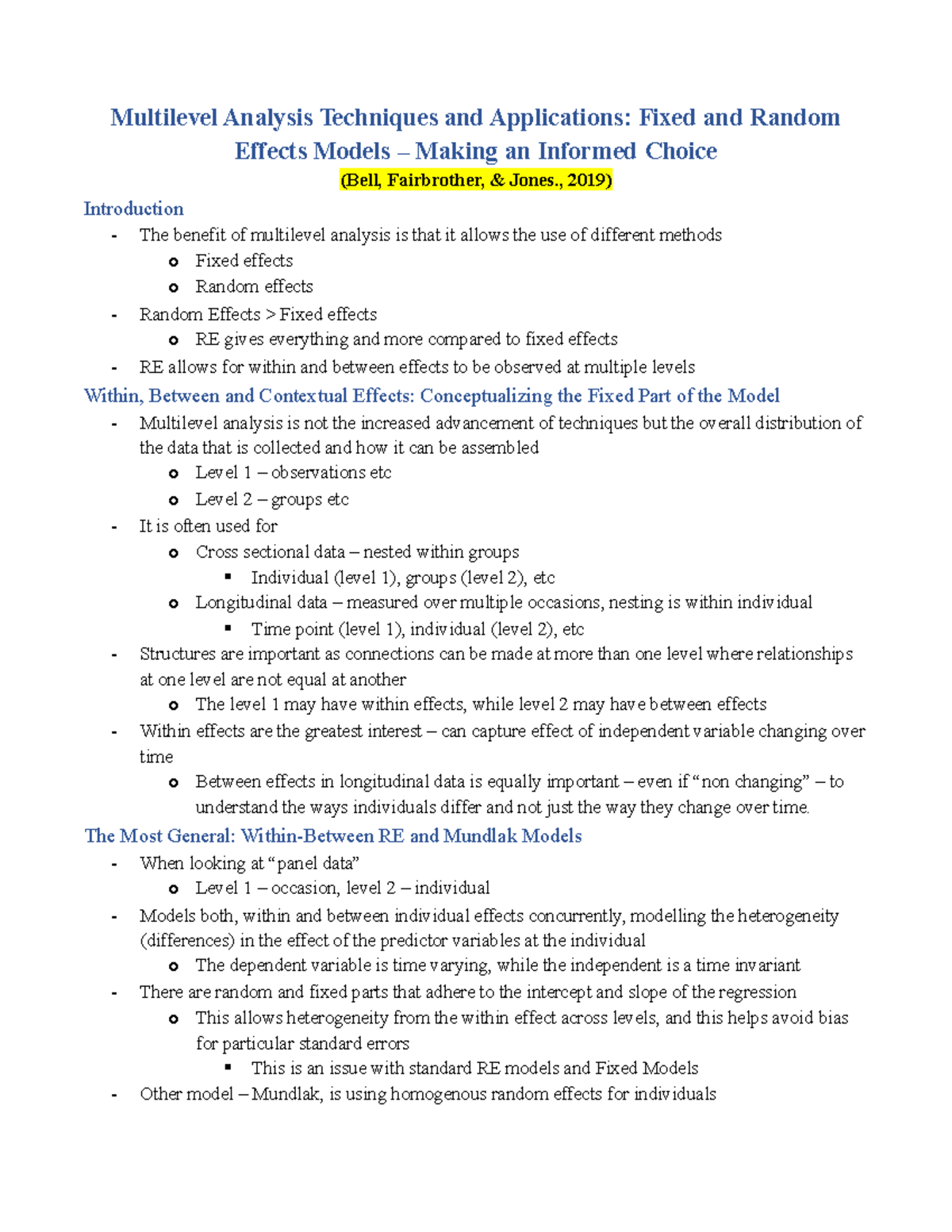 Multi-Level Analysis - summary of several chapters regarding MLA ...