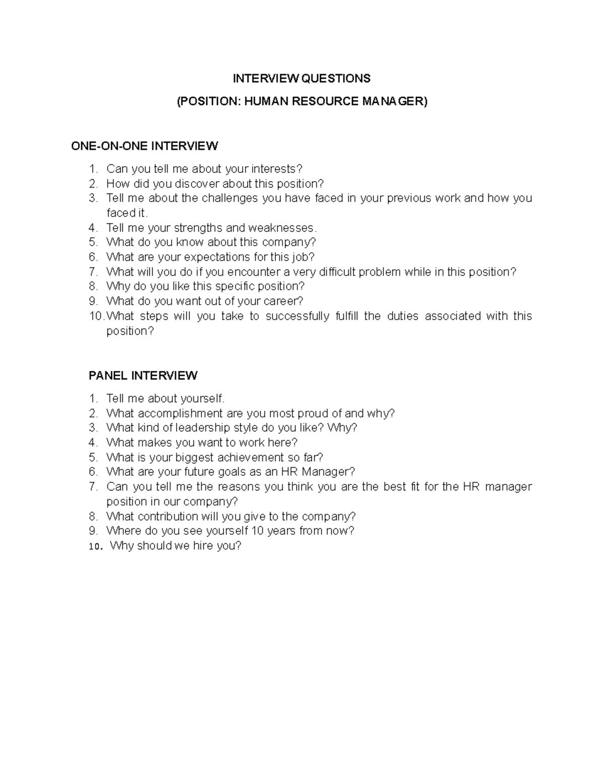 Interview Questions - INTERVIEW QUESTIONS (POSITION: HUMAN RESOURCE ...