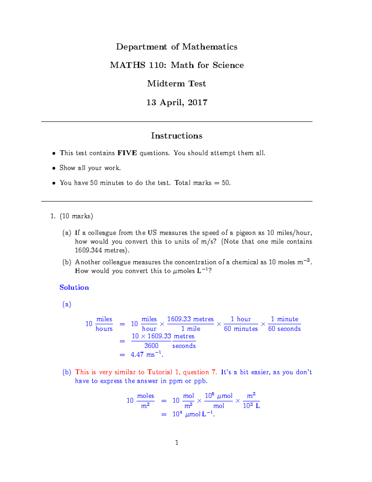 Mid Term Test with Solutions 2017 - Department of Mathematics MATHS 110 ...