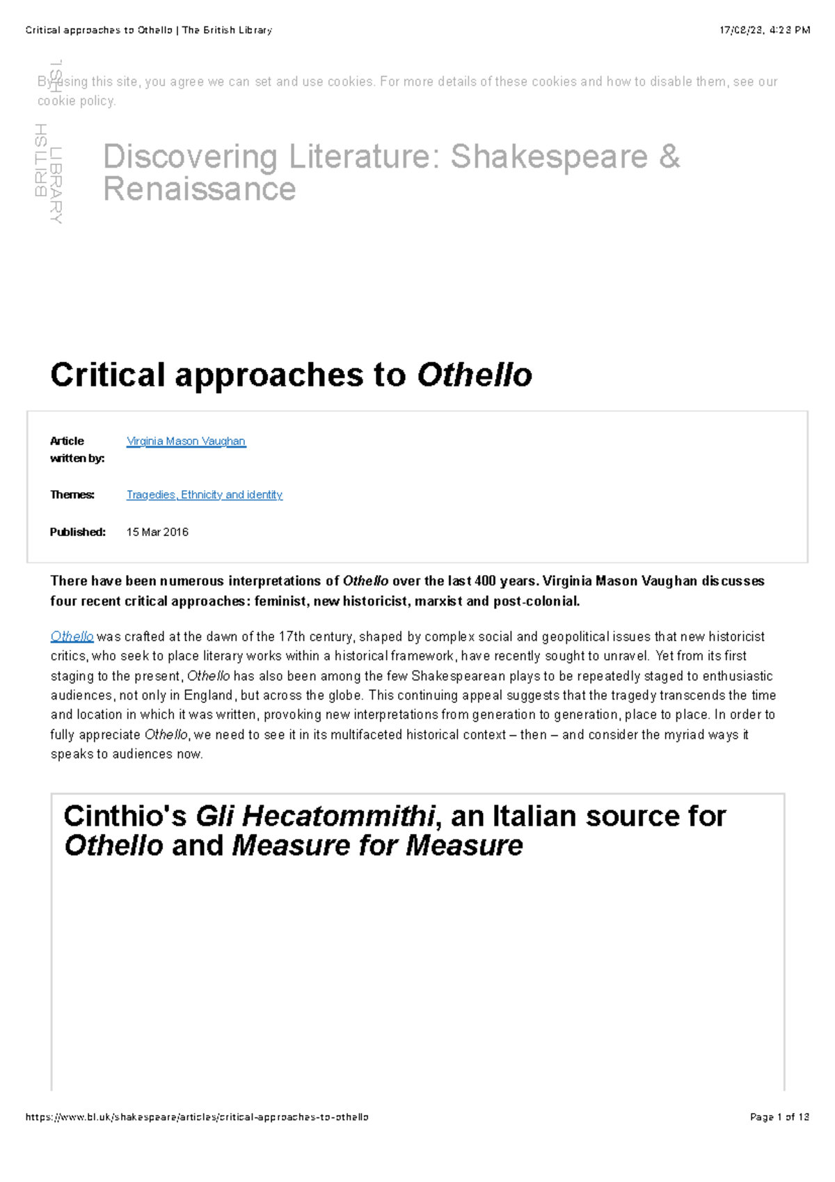 Critical approaches to Othello The British Library - Critical ...