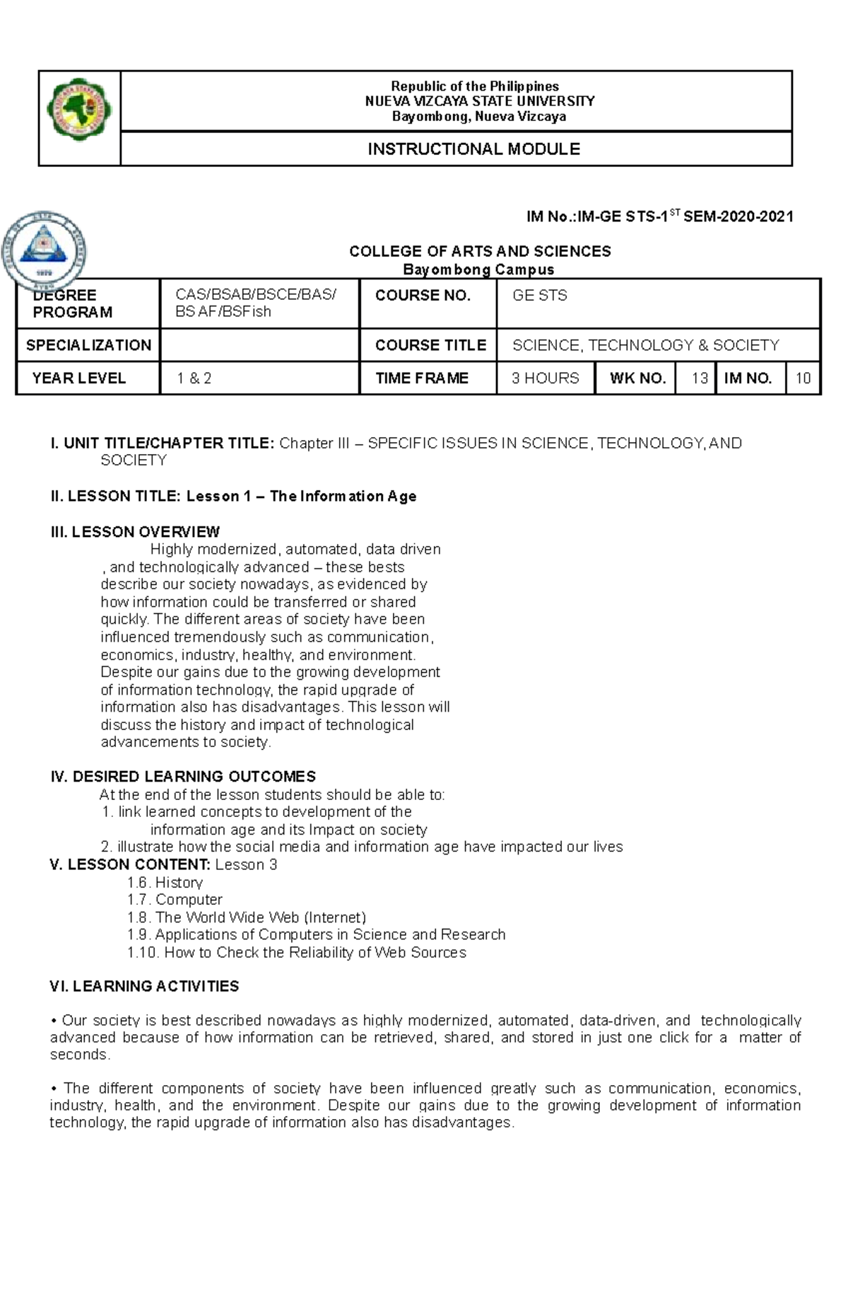 Sts-mod-10 final - Module - Republic of the Philippines NUEVA VIZCAYA ...