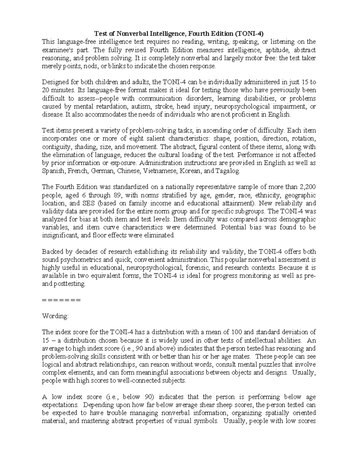 TONI-4class assignment - Test of Nonverbal Intelligence, Fourth Edition ...