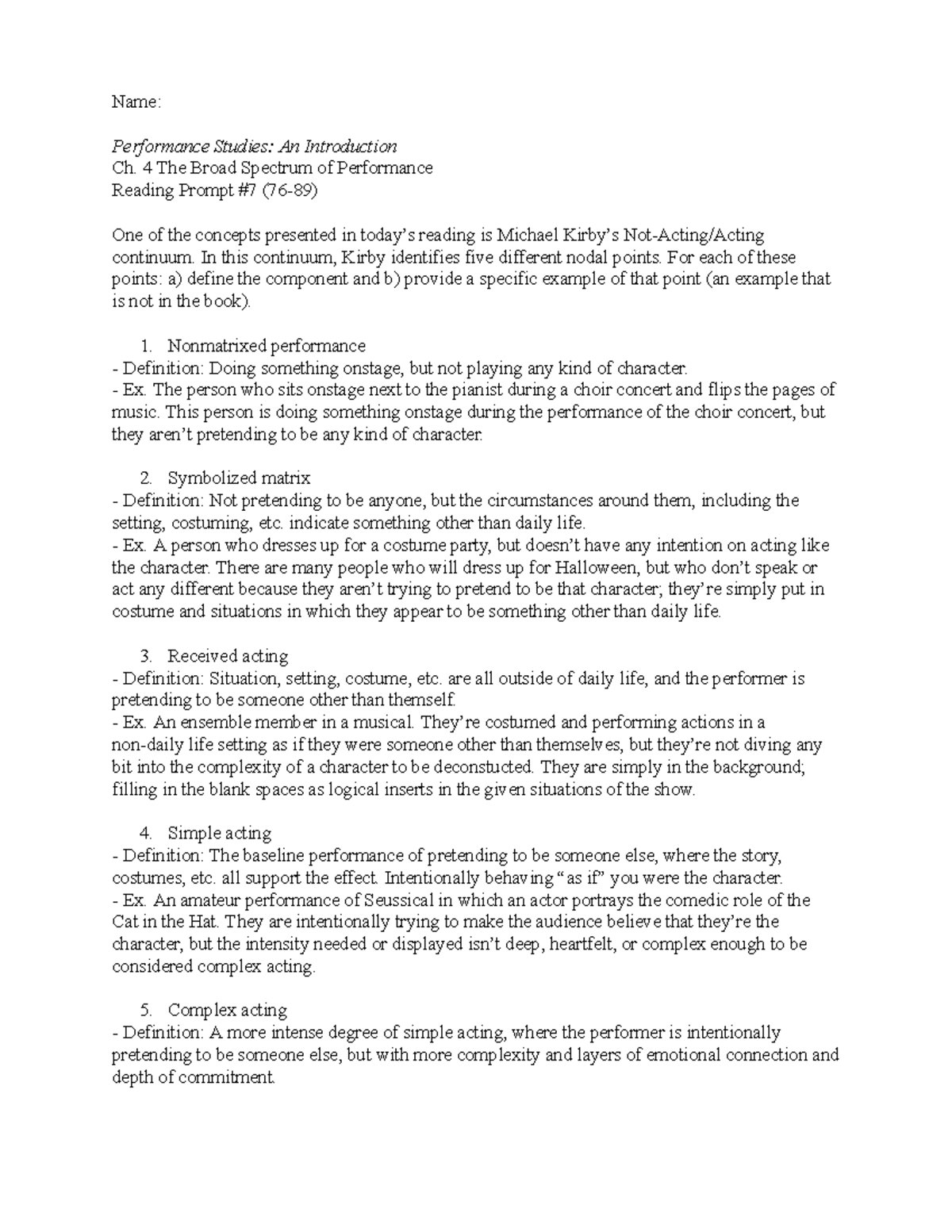 Intro to Performance Studies Reading Prompt (pp 76-89) - Name ...