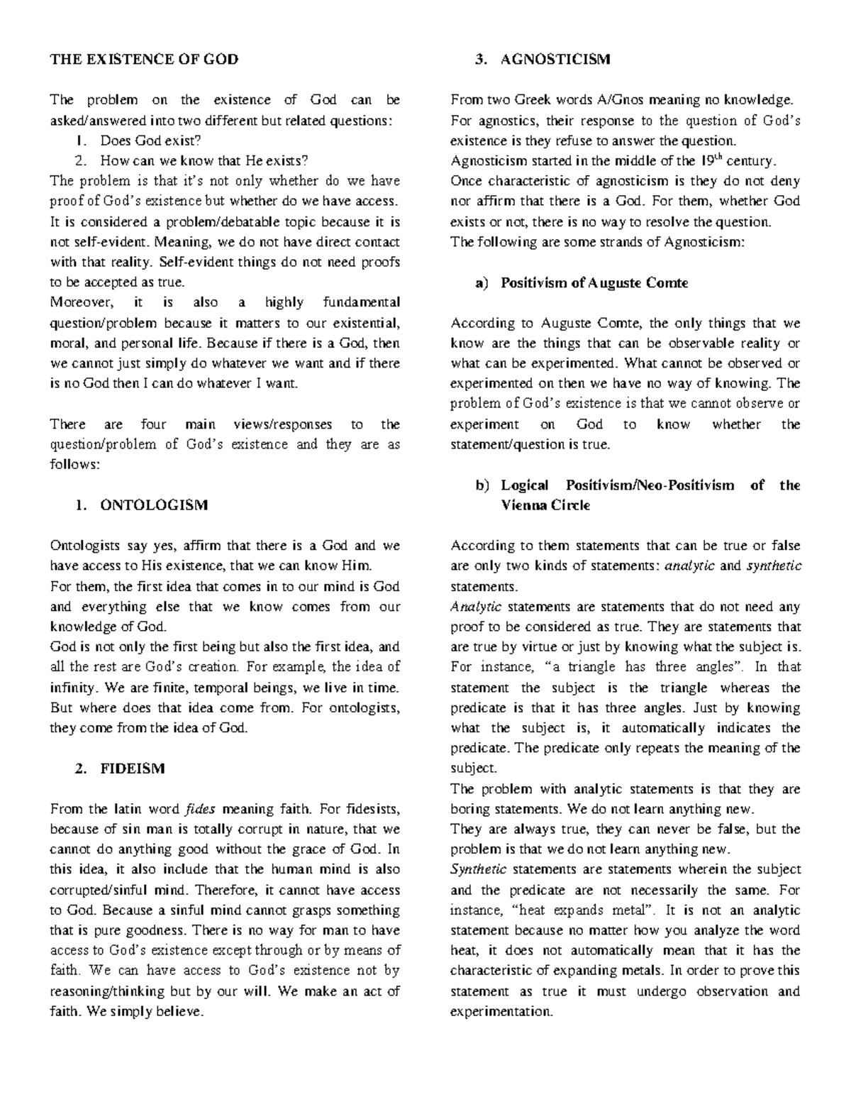 Christian Morality AND Vocation Handout - THE EXISTENCE OF GOD The ...