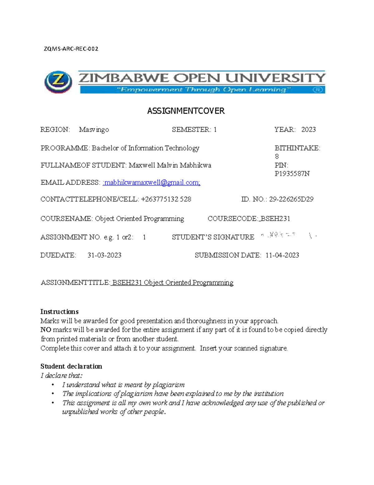 BSEH231 OOP Assignment 1 Feedback - ZQMS-ARC-REC- ASSIGNMENTCOVER ...