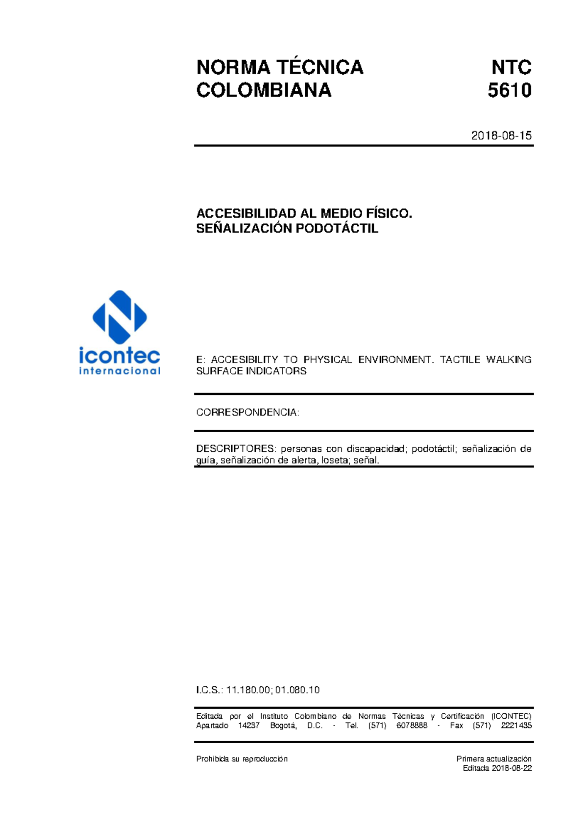 Pdfcoffee - hola - NORMA TÉCNICA NTC COLOMBIANA 5610 2018 - 08 - 15 ACCESIBILIDAD AL MEDIO ...