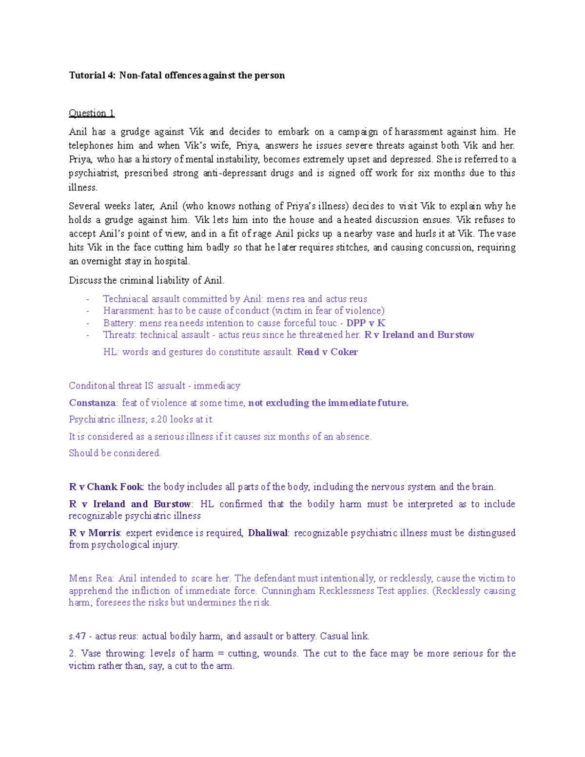 Criminal Law 4 - Unit 4 - Tutorial 4: Non-fatal offences against the ...