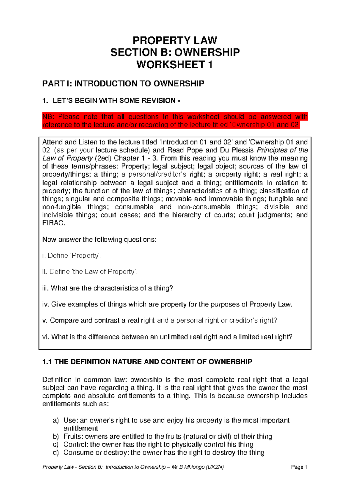 Section B - Worksheet 01 - Introduction to Ownership (Lecture 01 and 02 ...