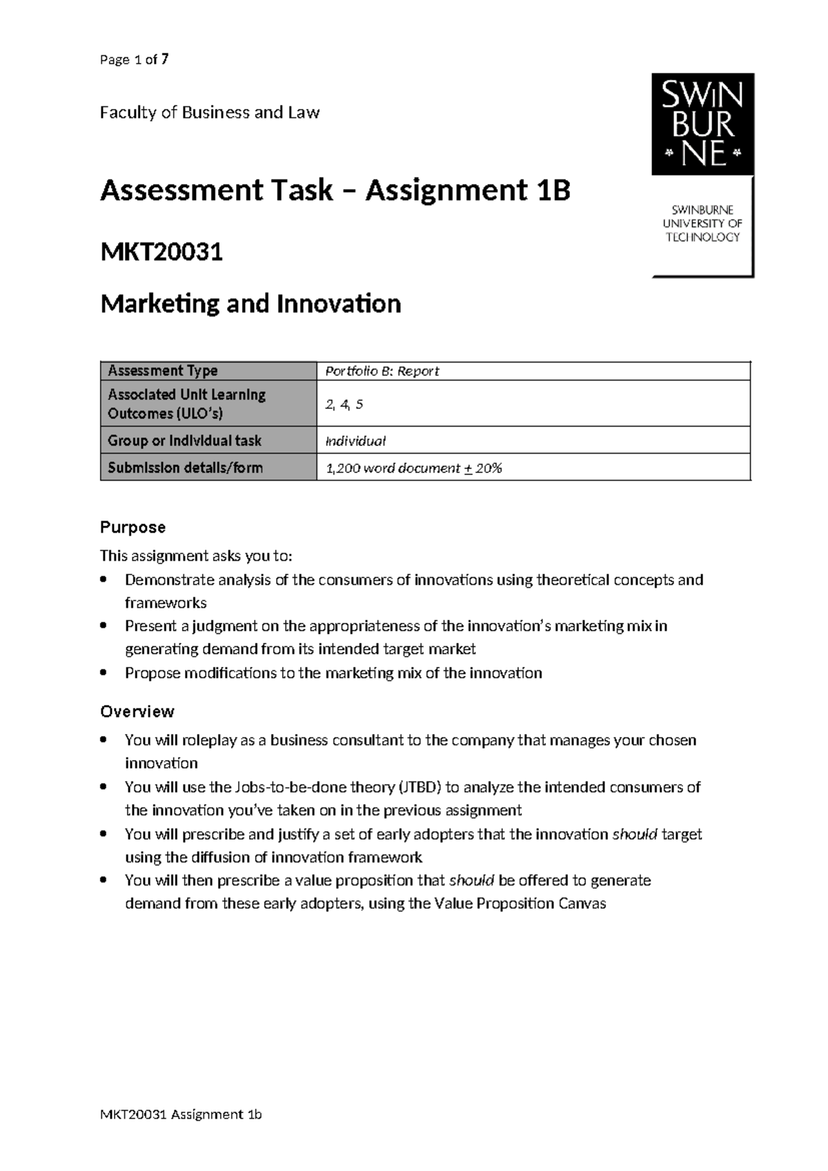 MKT2003 1 Assignment 1b HS1 2023 - Faculty of Business and Law Assessment Task – Assignment 1B ...