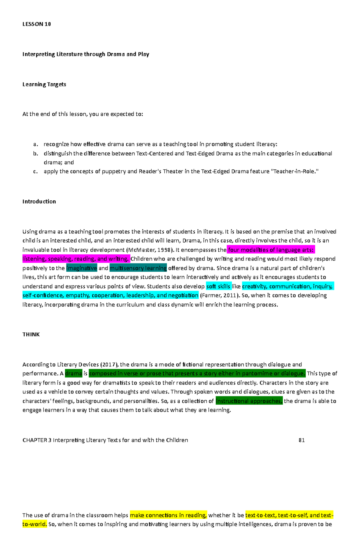 Lesson 10 Interpreting Literature Through Drama AND PLAY - LESSON 10 ...