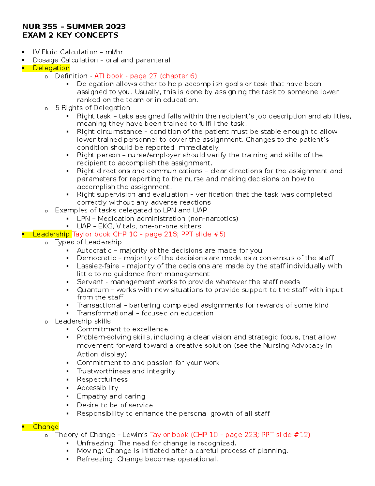 EXAM 2 KEY Concepts - NUR 355 – SUMMER 2023 EXAM 2 KEY CONCEPTS IV ...