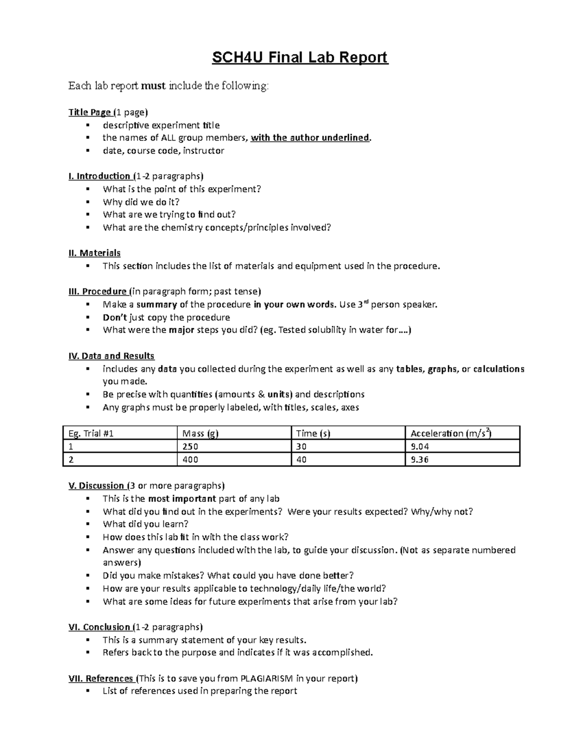 Lab Report Rubrics and Format - SCH4U Final Lab Report Each lab report ...