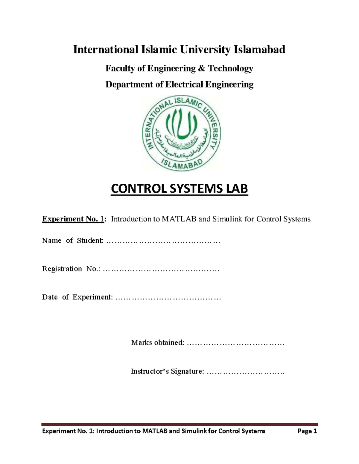 CSL Lab 1 -2019 - lab no 1 of control system - International Islamic ...