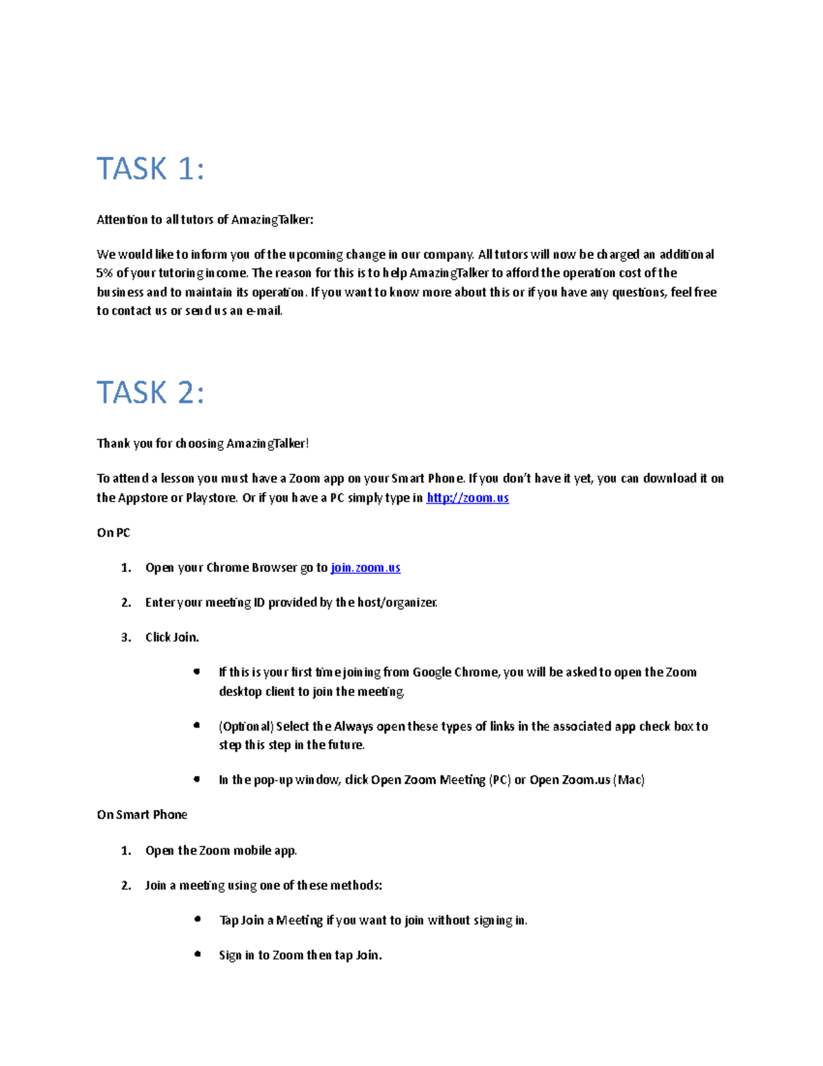 Amazing Talker - Nice job - TASK 1: Attention to all tutors of ...