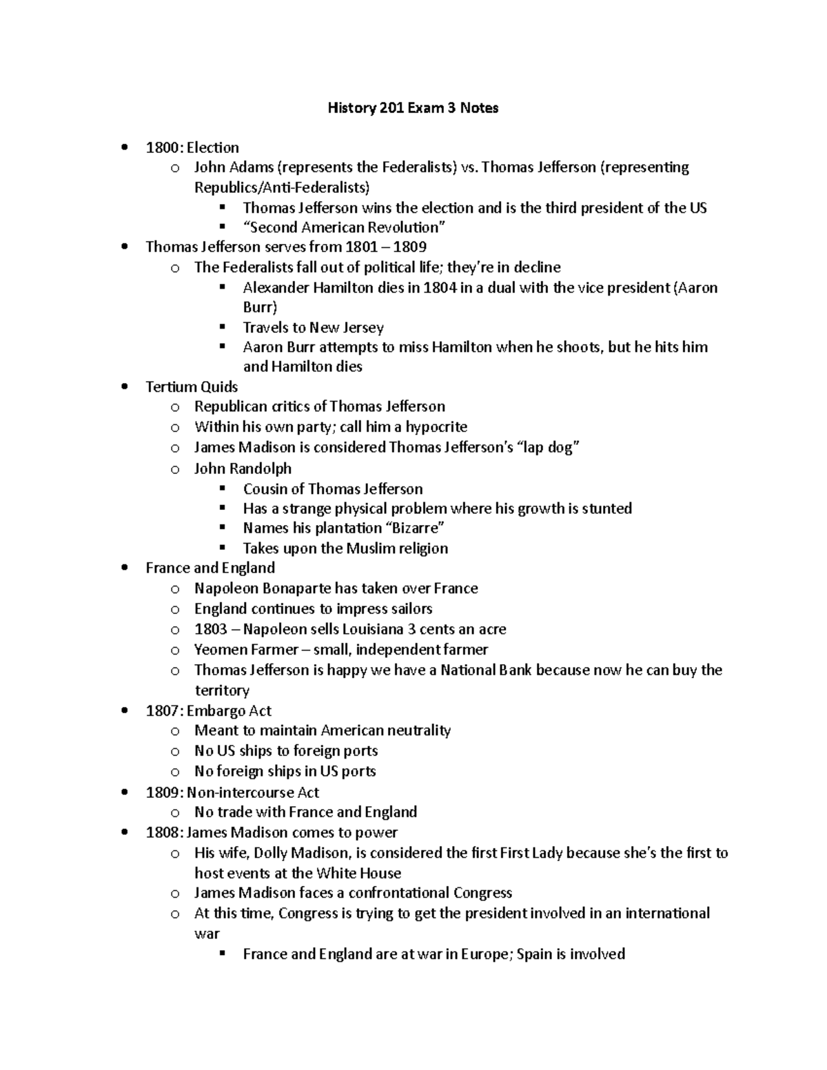 History 201 Exam 3 Notes - History 201 Exam 3 Notes 1800: Election o ...