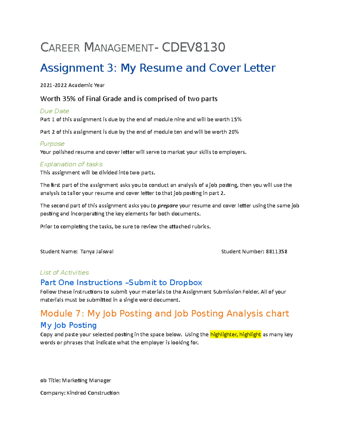 CDEV8130 Career Management Assignment 3 My Resume and Cover Letter (1 ...