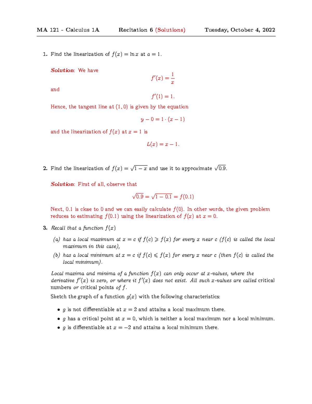MA121 22F1 Rc6 sol - Professor: Denis Serbin - MA 121 - Calculus 1A ...