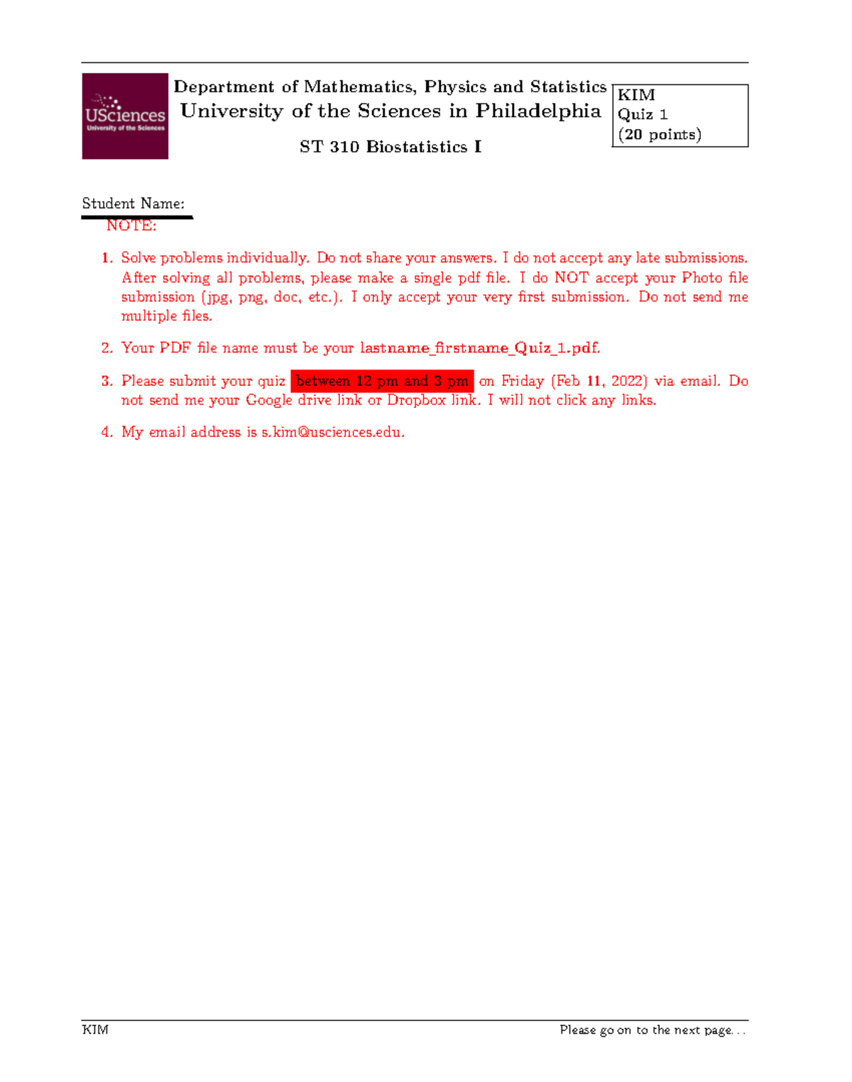 Biostatistics Quiz 1 Quiz 1 With Answers Department Of Mathematics Physics And Statistics